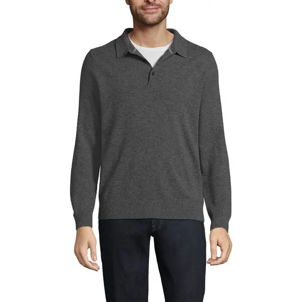 LANDS' END Long Sleeve Cashmere Sweater Polo - Charcoal Heather