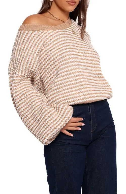 PETAL & PUP Becca Stripe One-shoulder Sweater - Tan