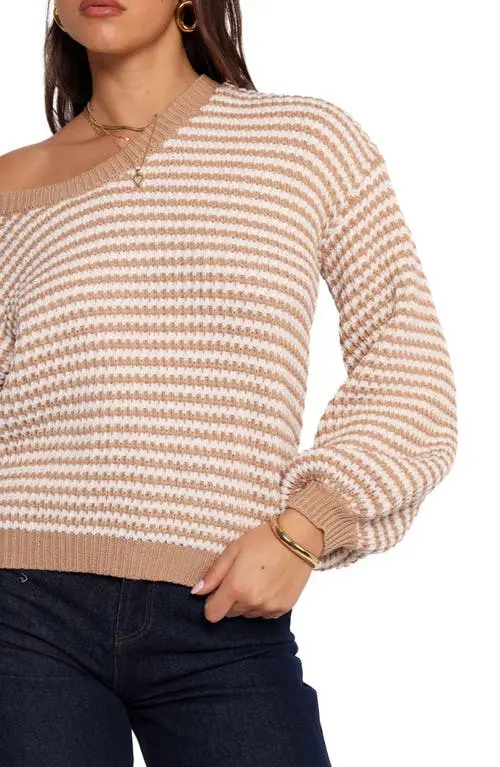 PETAL & PUP Becca Stripe One-shoulder Sweater - Tan