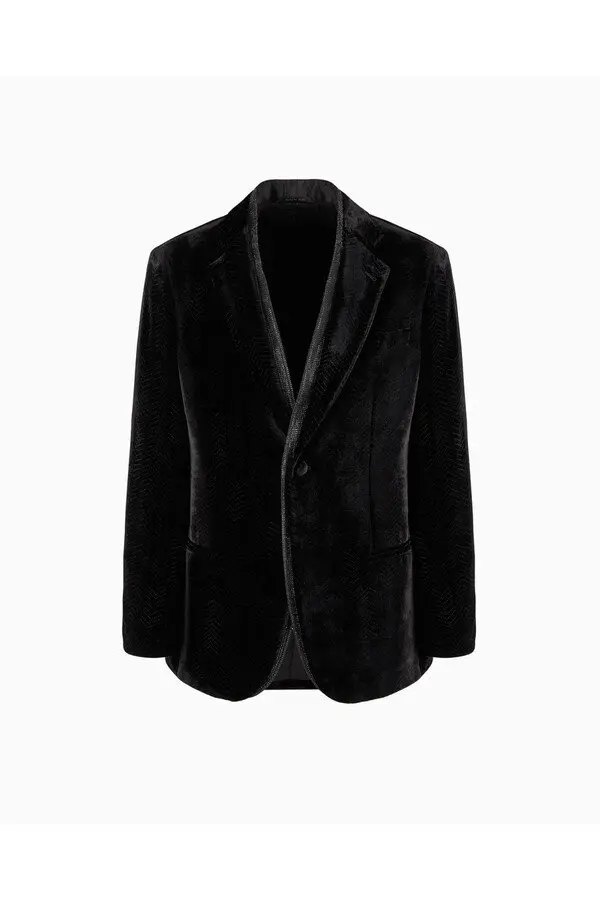 Giorgio Armani Giorgios Single-breasted Tuxedo Jacket In A Chevron Print Velvet - Black
