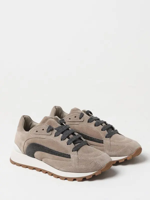 Brunello Cucinelli Suede Sneakers With Embellished Detailing - Beige