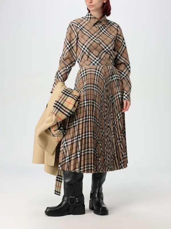 Burberry Pleated Midi Skirt In Check - Multicolor
