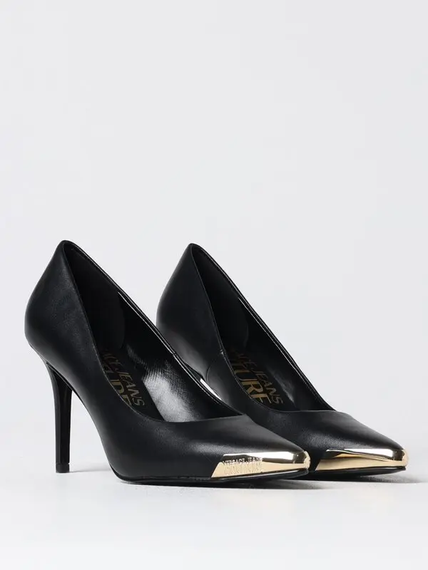 Versace Leather Stiletto Pumps With Metal Toe Detail - Black
