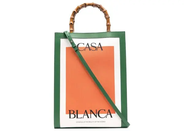 Casablanca Logo Print Bamboo Handle Tote - Green/orange/white