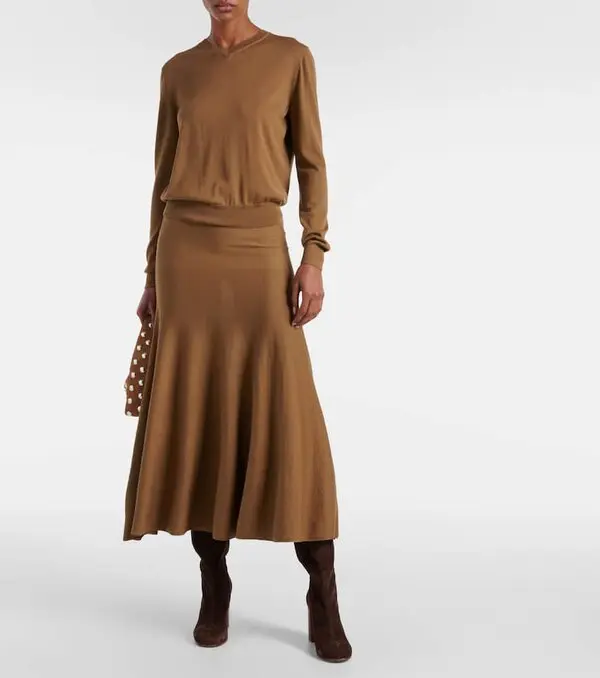 Khaite Mayu Knitted Wool Midi Skirt - Brown