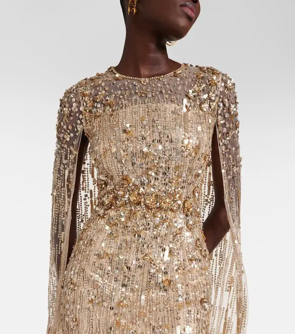 Jenny Packham Ruby Sequined Caped Gown - Gold