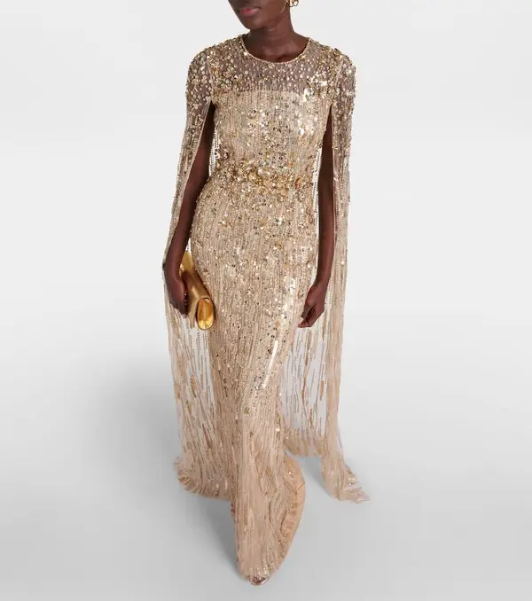 Jenny Packham Ruby Sequined Caped Gown - Gold