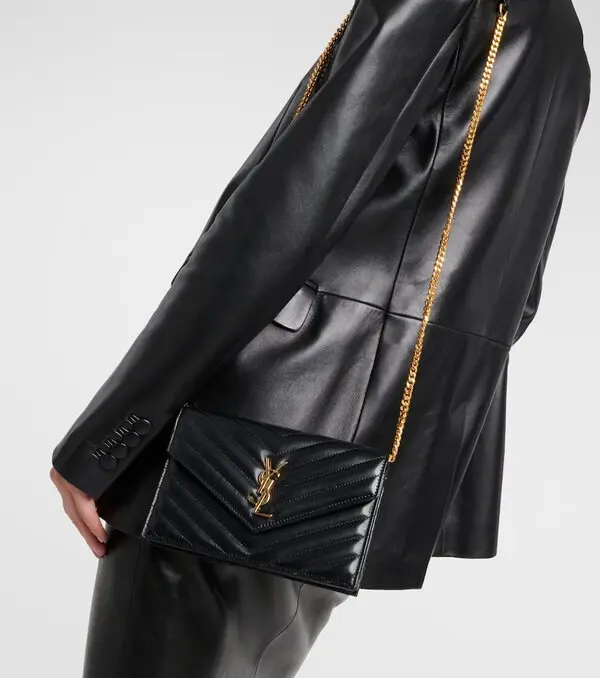 Saint Laurent Cassandre Envelope Leather Wallet On Chain - Black