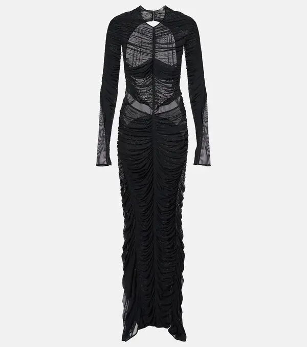 MUGLER Ruched Open-back Mesh Gown