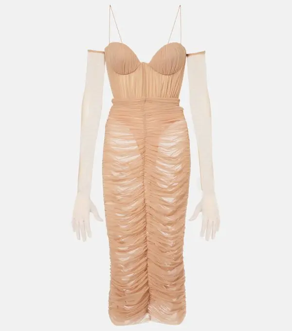 Alex Perry Sweetheart Ruched Mesh Midi Dress