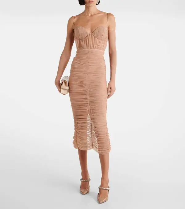 Alex Perry Sweetheart Ruched Mesh Midi Dress