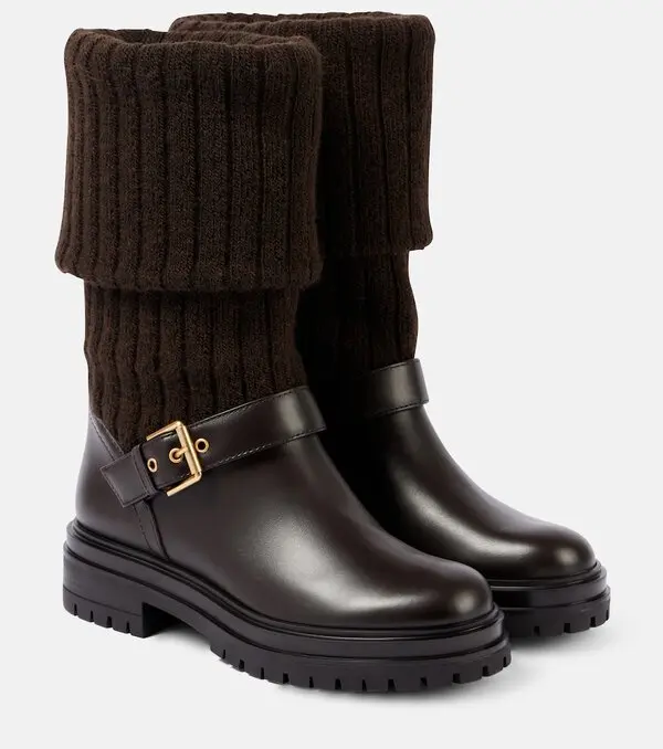 GIANVITO ROSSI Thurso Leather-trimmed Biker Boots - Brown