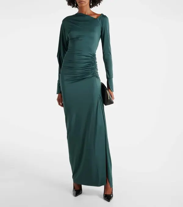 Victoria Beckham Ruched Asymmetric Gown - Green