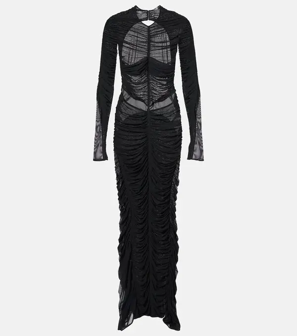 MUGLER Ruched Open-back Mesh Gown - Black