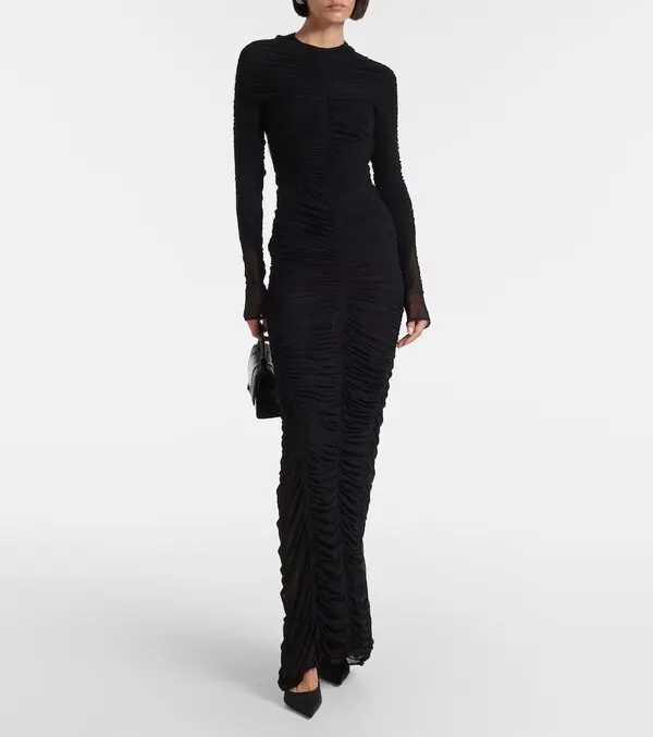 MUGLER Ruched Open-back Mesh Gown