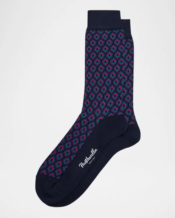 Pantherella Beckford Geometric Crew Socks - Navy/magenta
