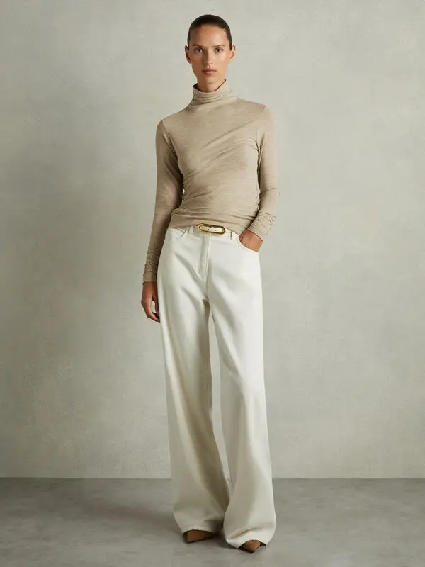 REISS Louisa Ruched Jersey Top With Wool - Neutral