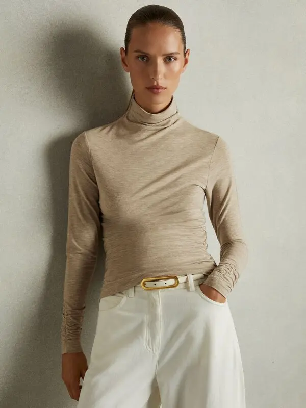 REISS Louisa Ruched Jersey Top With Wool - Neutral