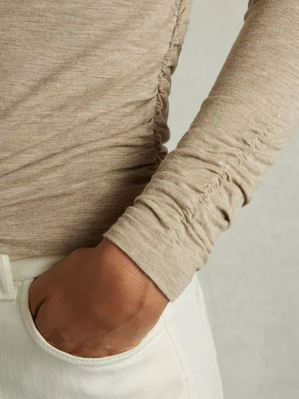 REISS Louisa Ruched Jersey Top With Wool - Neutral