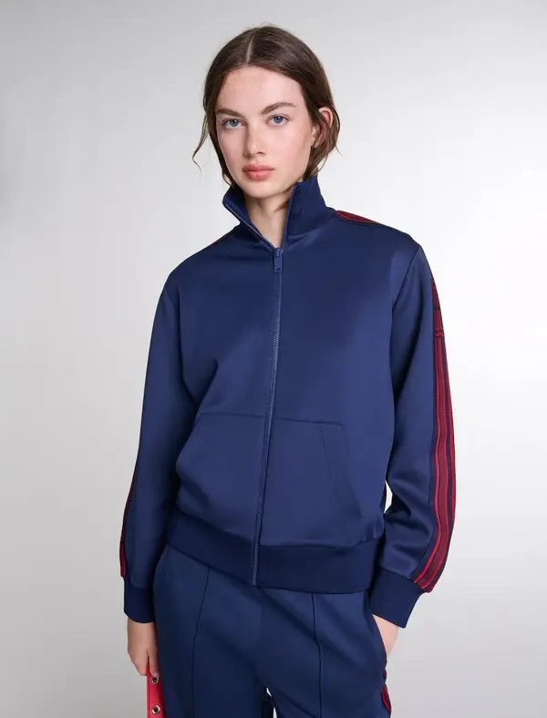Maje Striped Full Zip High Neck Sweatshirt