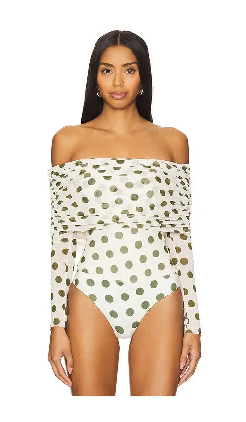 AFRM Maxine Bodysuit Off The Shoulder Mesh - Birch Dot