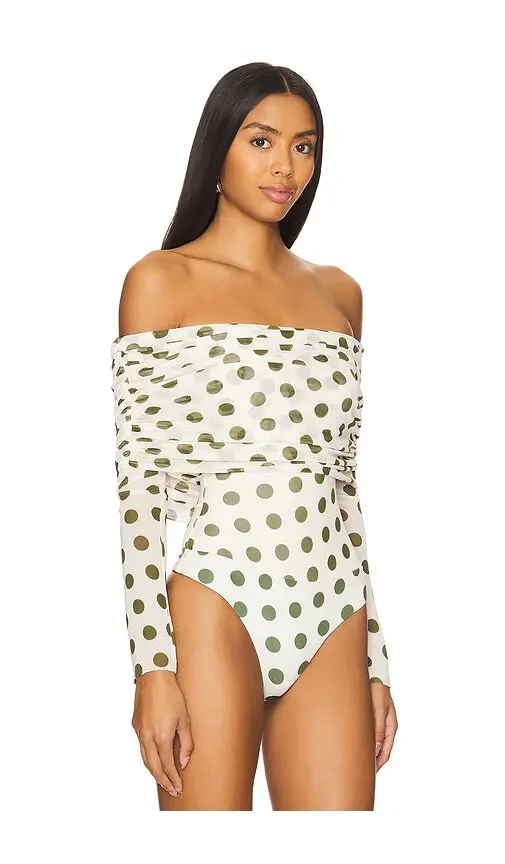 AFRM Maxine Bodysuit Off The Shoulder Mesh - Birch Dot