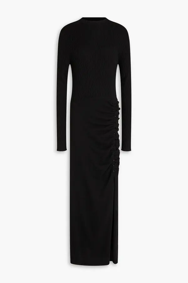 Sandro Ruched Ribbed Midi Dress - Black