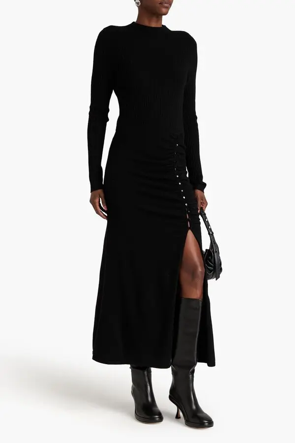 Sandro Ruched Ribbed Midi Dress - Black