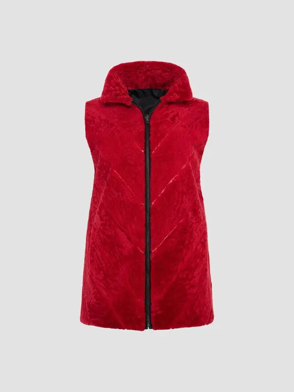 Gorski Textured Shearling Lamb Zip Vest Reversible To Taffeta - Red
