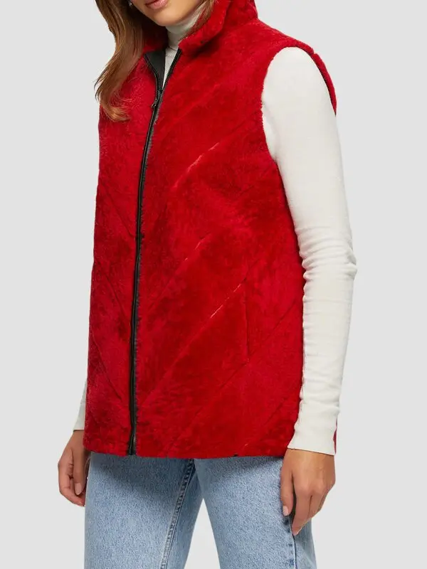 Gorski Textured Shearling Lamb Zip Vest Reversible To Taffeta - Red