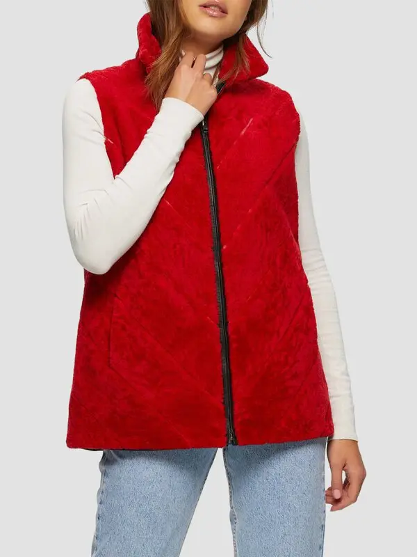 Gorski Textured Shearling Lamb Zip Vest Reversible To Taffeta - Red
