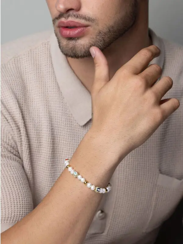 NIALAYA JEWELRY Evil Eye Pearl Bracelet - Gold