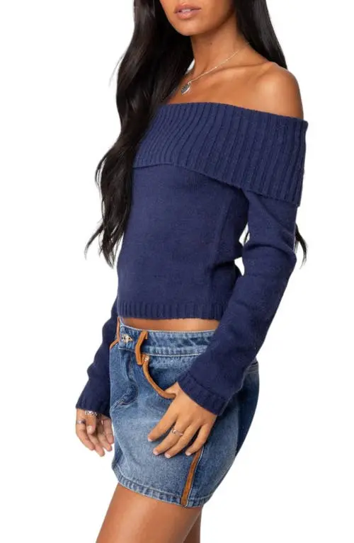 EDIKTED Tamara Foldover Knit Top - Navy