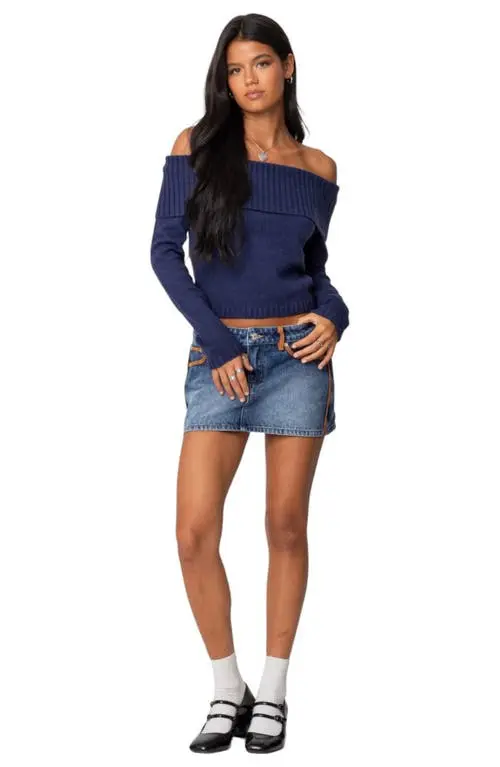 EDIKTED Tamara Foldover Knit Top - Navy