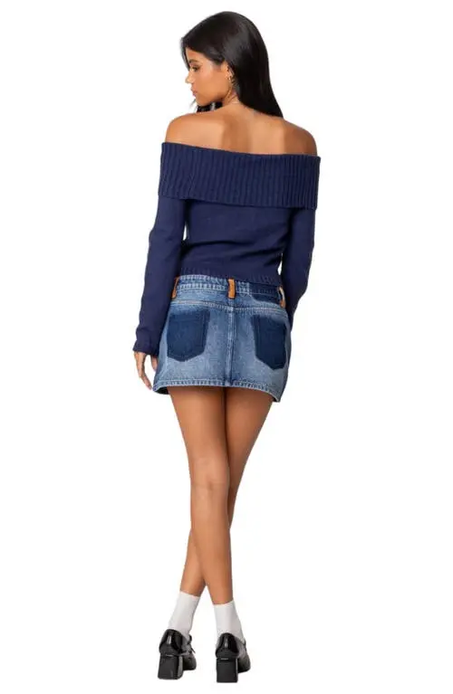 EDIKTED Tamara Foldover Knit Top - Navy