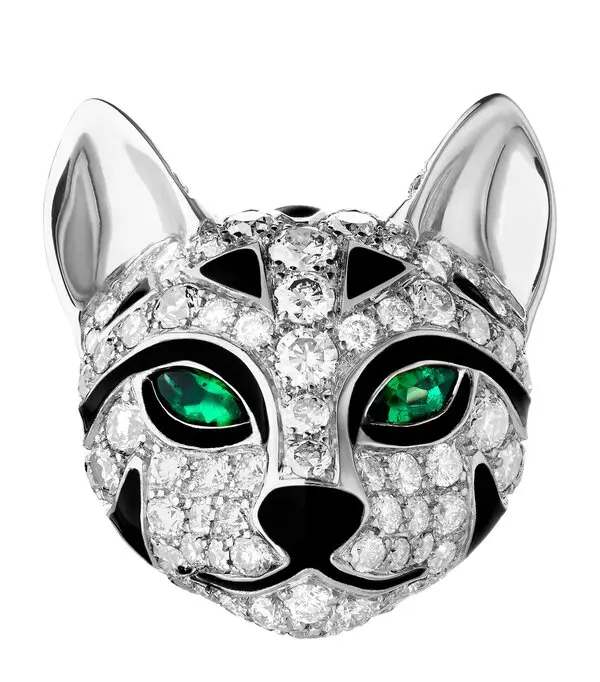 Boucheron White Diamond And Emerald Leopard Cat Stud Earrings - Gold