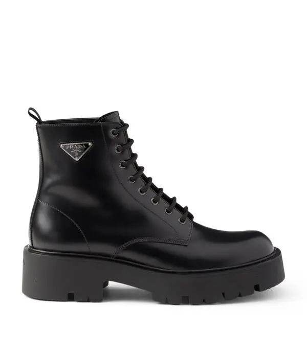 Prada Leather Logo Plate Lace-up Boots
