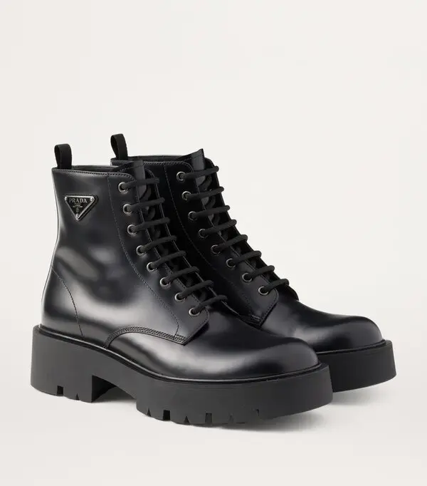 Prada Leather Logo Plate Lace-up Boots