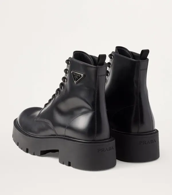 Prada Leather Logo Plate Lace-up Boots