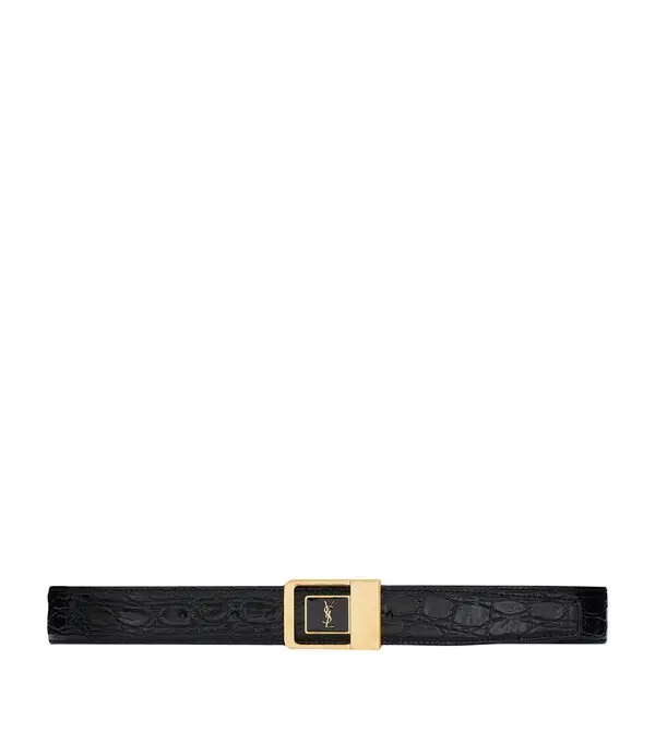 Saint Laurent Croc-embossed Belt With Logo - Black
