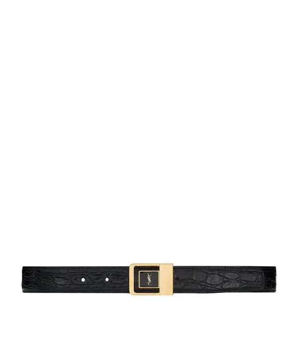 Saint Laurent Croc-embossed Belt With Logo - Black
