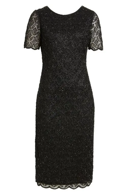 beaded mesh midi cocktail dress pisarro nights Beaded Mesh Midi Cocktail Dress in Black