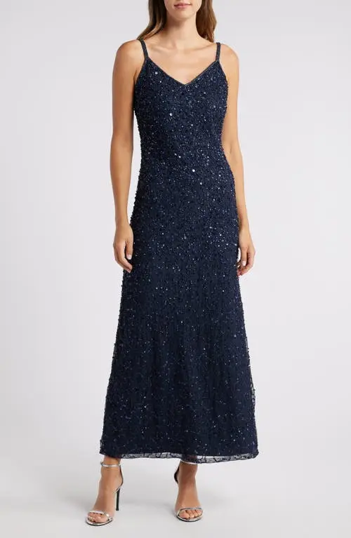 pisarro nights navy beaded dress Pisarro Nights Beaded Mesh Gown in Navy at Nordstrom, Size 12