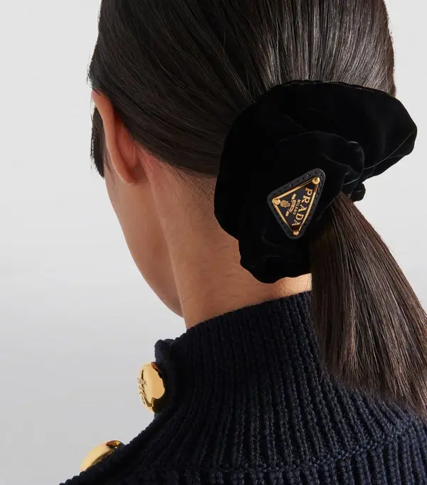 Prada Cotton Velvet Logo Scrunchie