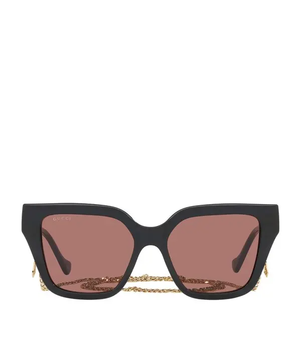 Gucci Rectangle Sunglasses With Gold Chain - Black