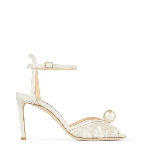 JIMMY CHOO Sacora 85 Lace Leather Peep-toe Sandals With Pearl Embellishment