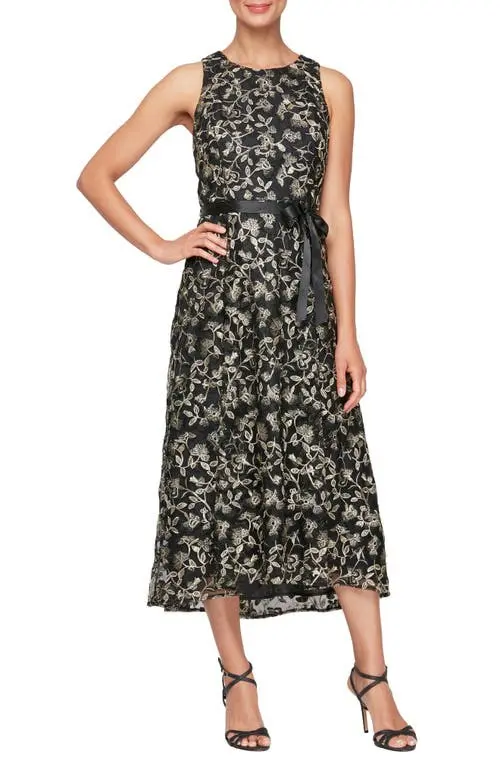 Alex Evenings Embroidered Sleeveless Midi Cocktail Dress In Black Gold -  70% Off