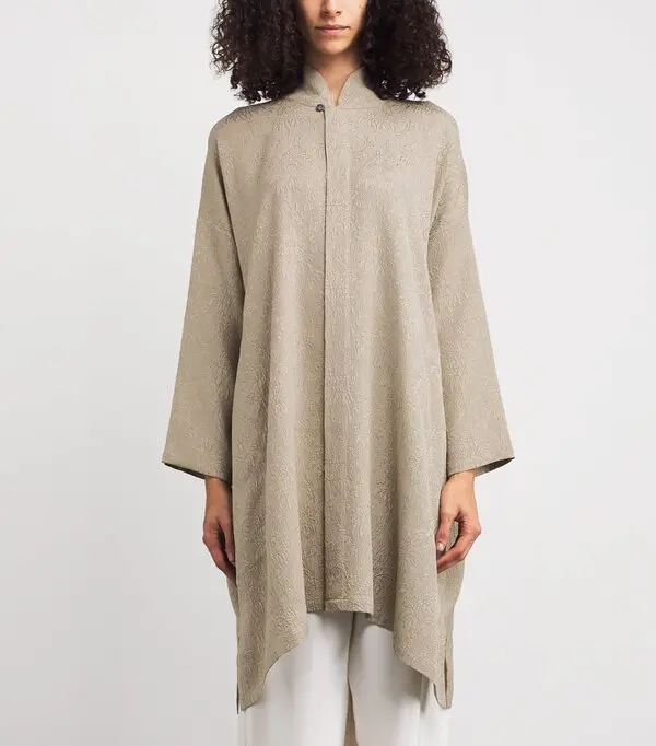 Eskandar Silk Floral Stand Collar Shirt - Grey