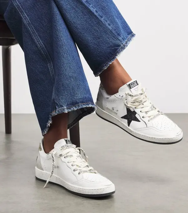 GOLDEN GOOSE Ball Star Leather & Glitter Trim Sneakers - White