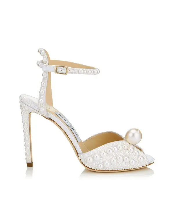 JIMMY CHOO Sacora 100 Pearl Embellished Satin Sandals - White